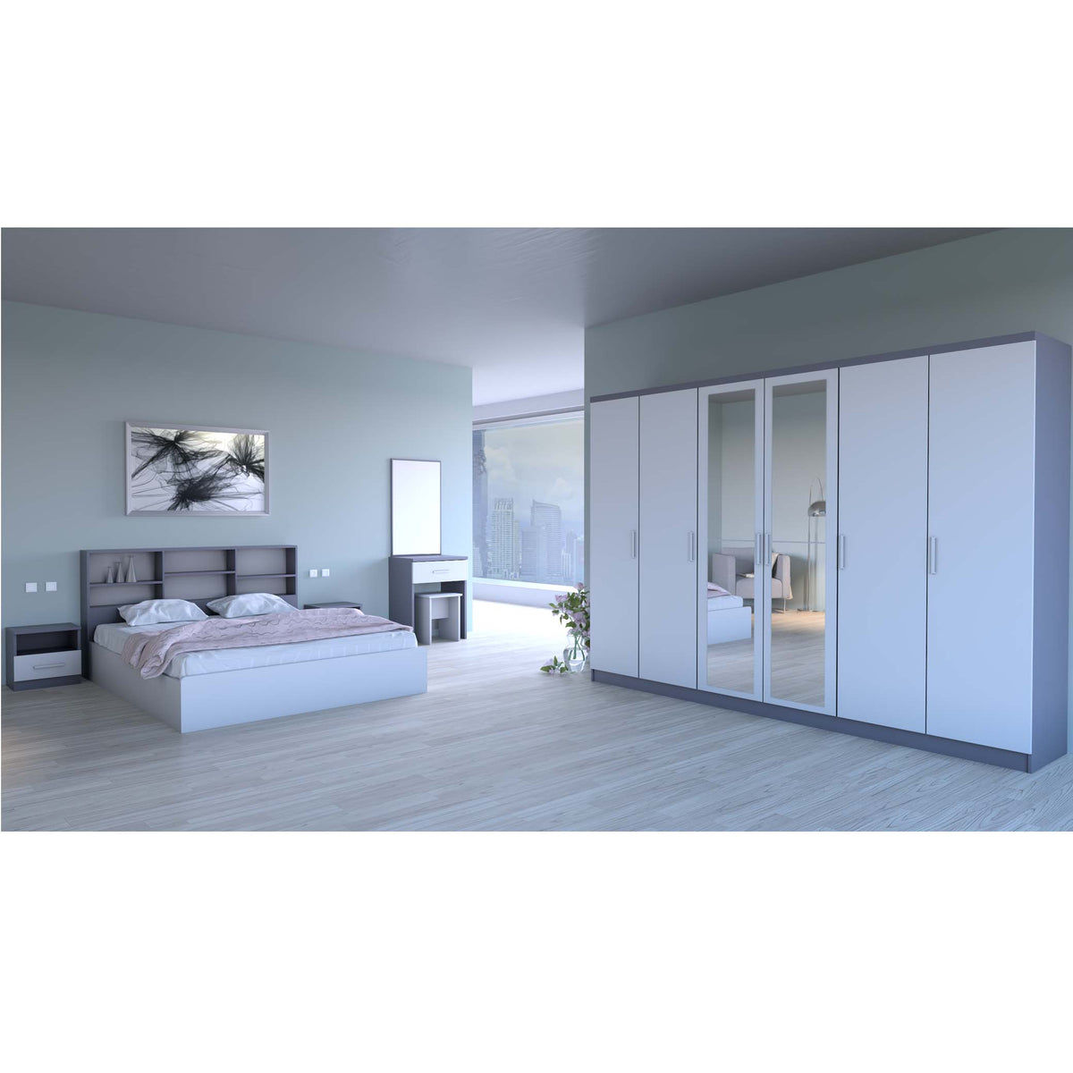 ORC Bedroom Set QUEEN w/6D Wardrobe Grey White — GoldenGate-Maldives